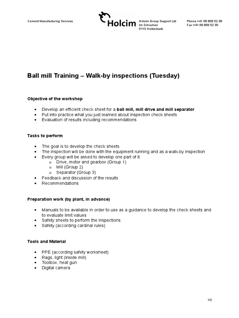 Ball Mill Training - Walk-By Inspections (Tuesday) : Objective of The ...