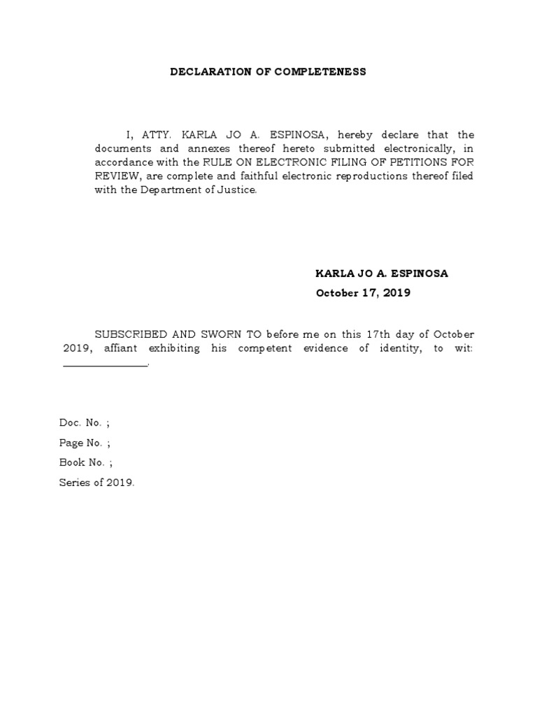 Declaration of Completeness For Petitions | PDF