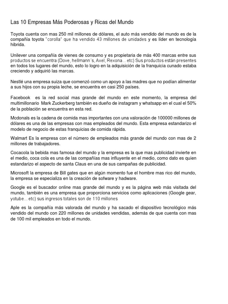 Las 10 Empresas Más Poderosas y Ricas Del Mundo | PDF | Unilever | Toyota