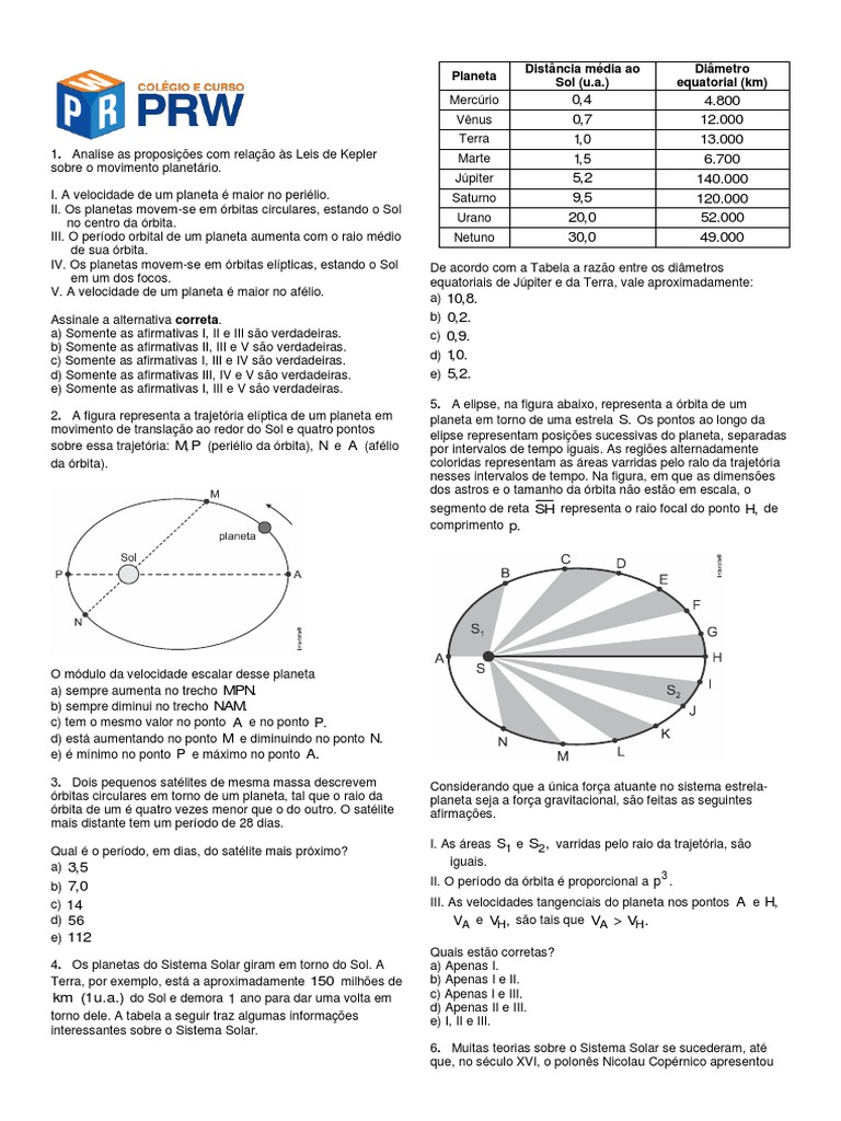 Exercícios leis de Kepler | Órbita | Planetas