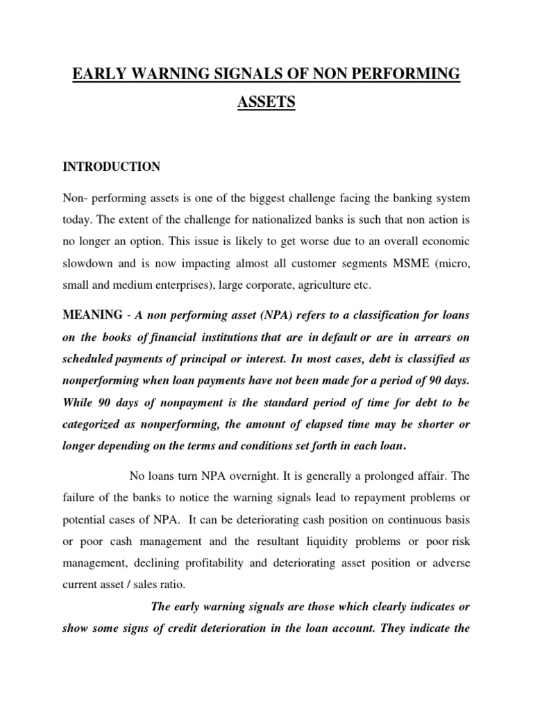 Early Warning Signals for NPAs in Banking | PDF | Credit | Finance ...
