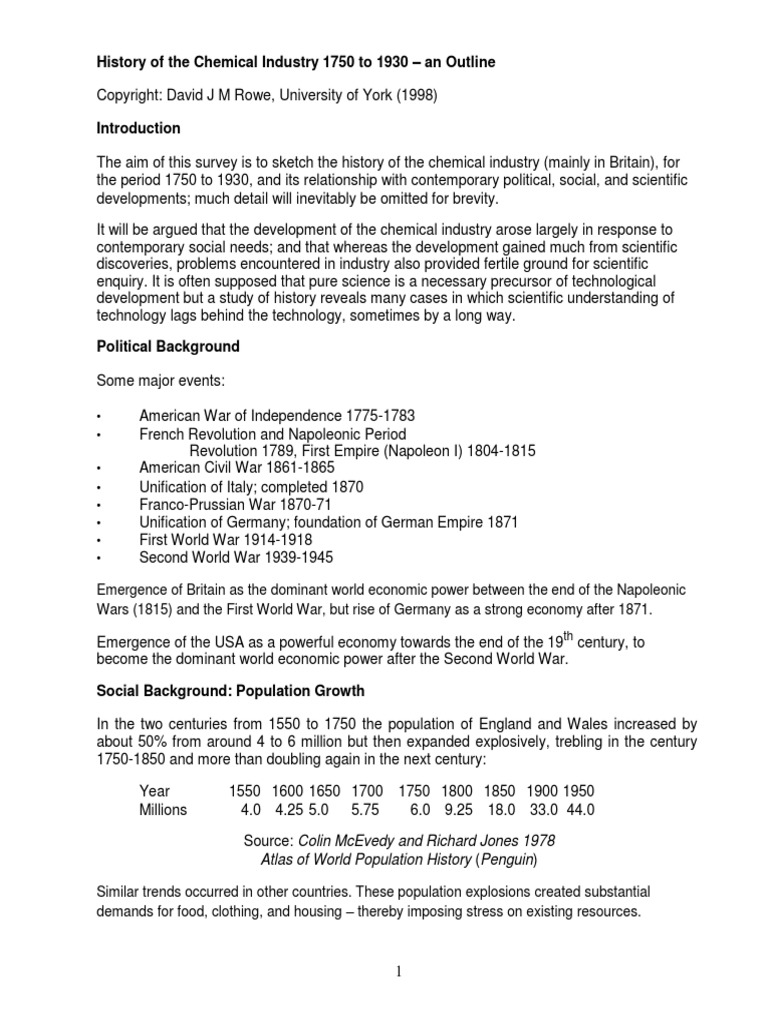 History of The Chemical Industry 1750 To 1930 - An Outline | PDF ...