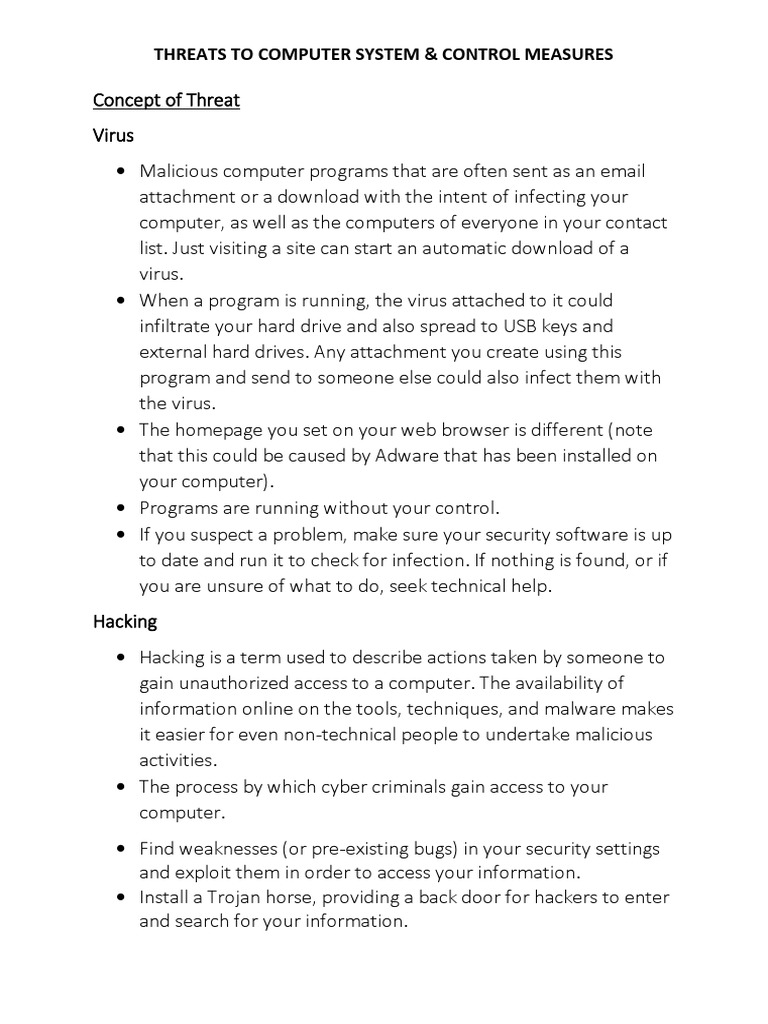 Threats To Computer System & Control Measures | PDF | Malware ...