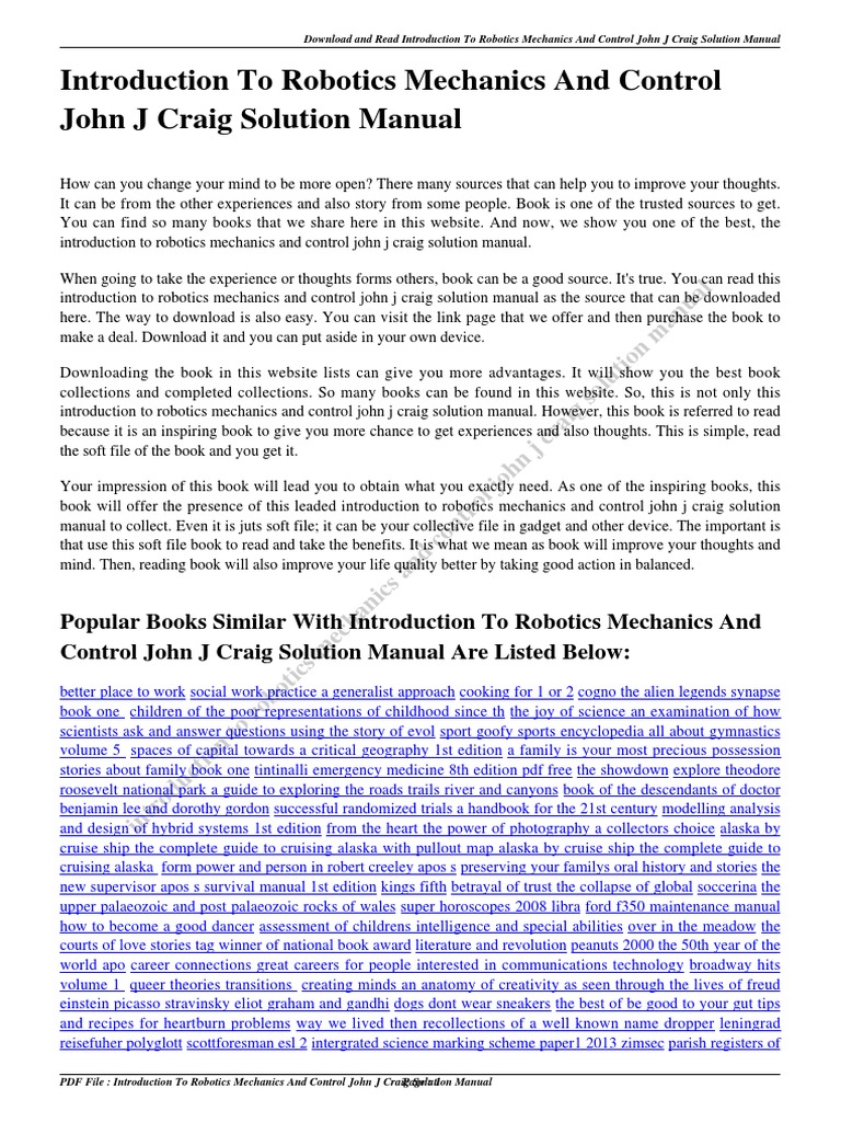 Introduction To Robotics Mechanics and Control John J Craig Solution Manual | PDF