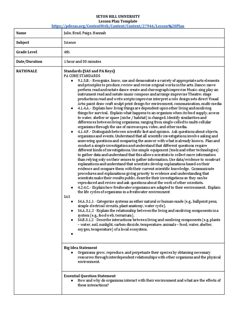 Seton Hill University Lesson Plan Template Name Subject Grade Level ...