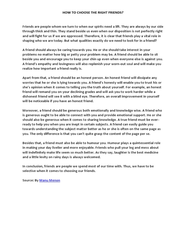 Writing - How To Choose The Right Friend | PDF | Reason | Psychological ...