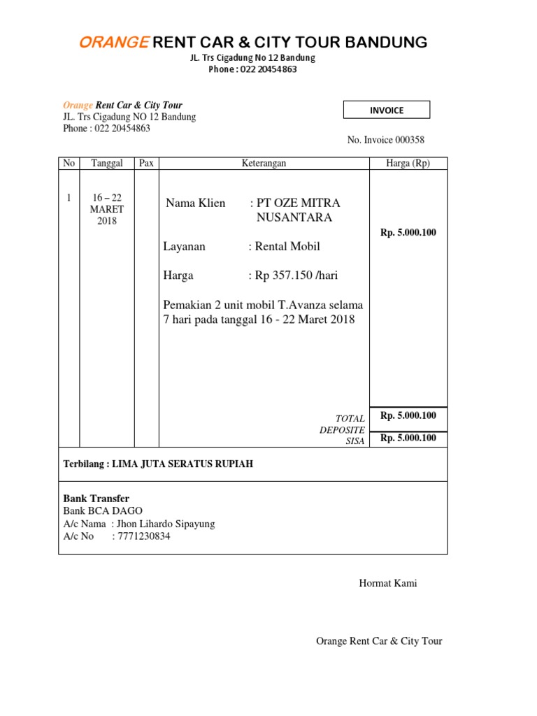 Invoice Rental Mobil Orange Rent Car | PDF