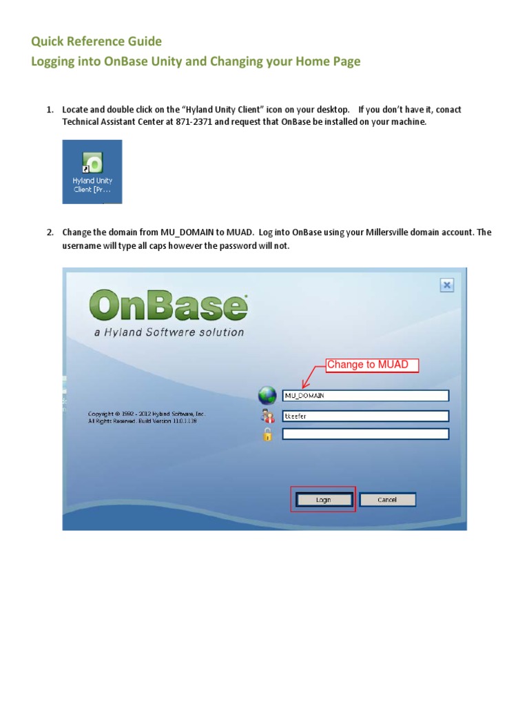 Quick Reference Guide Logging Into Onbase Unity and Changing Your Home ...