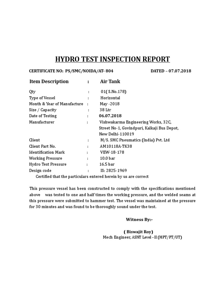 Hydrotest Test Format | PDF | Hydraulics | Chemical Equipment