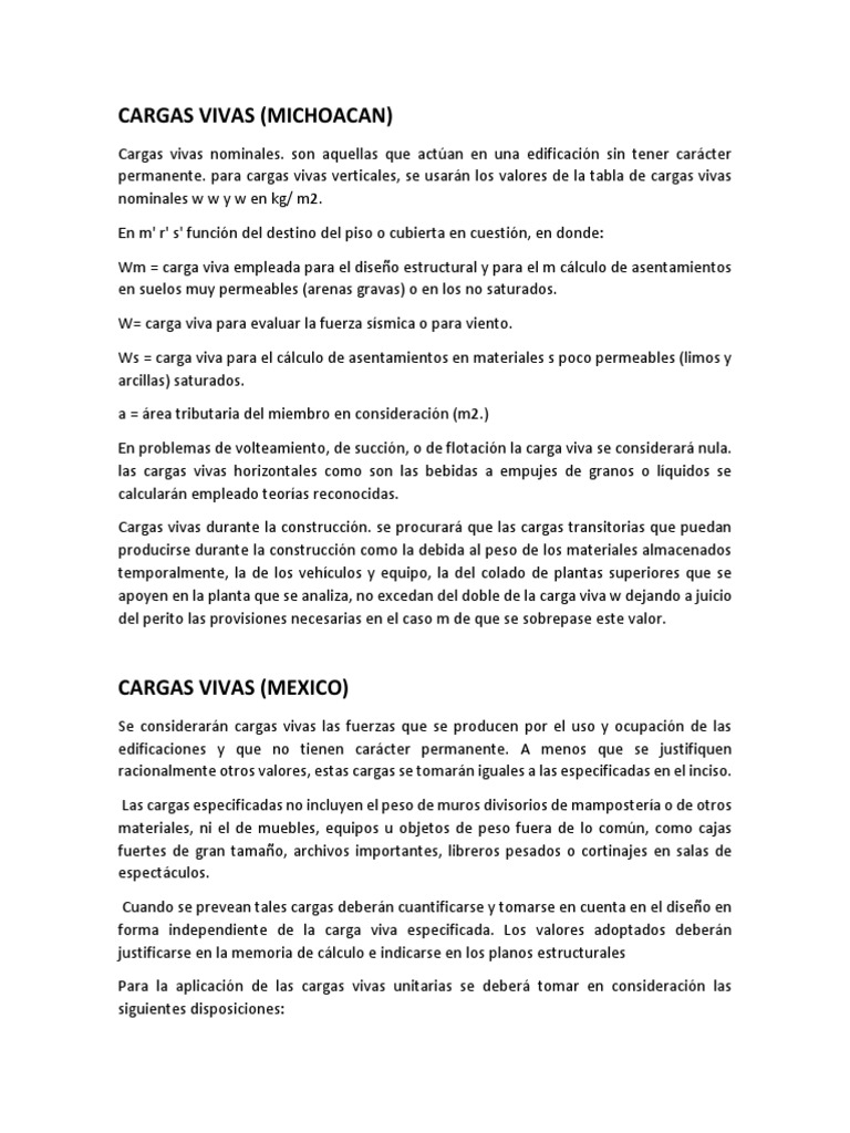 Cargas Vivas en Estructuras: Ejemplos y Tablas | PDF | Peso | Fundación ...