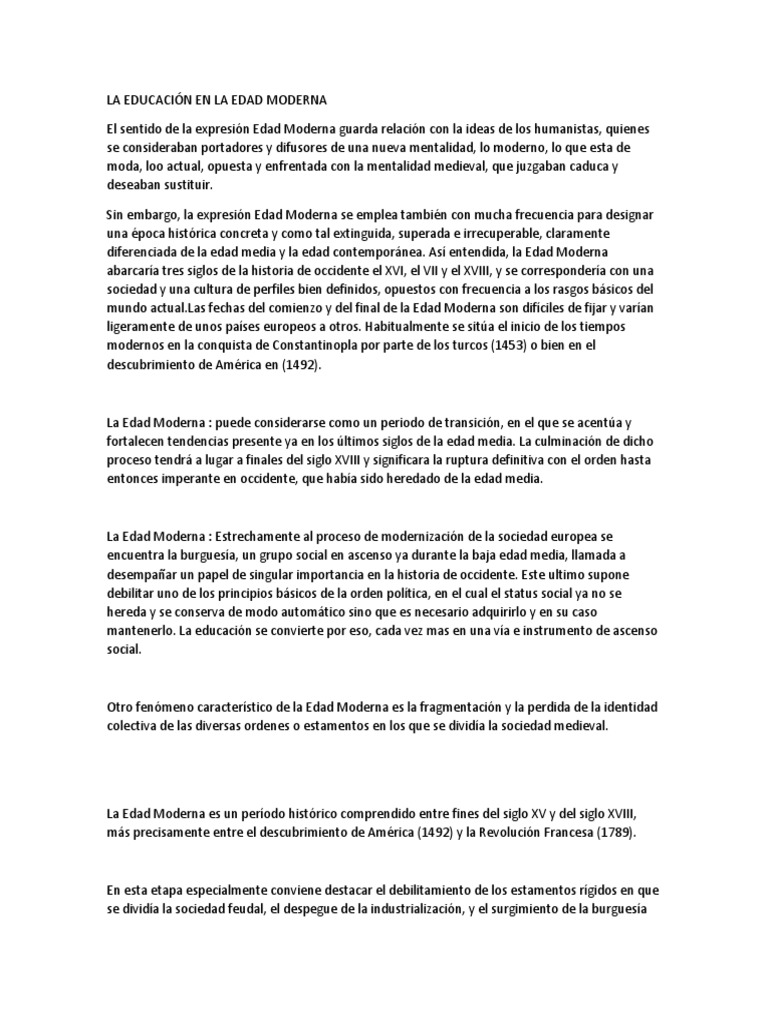 La Educación en La Edad Moderna | PDF | Período moderno temprano ...