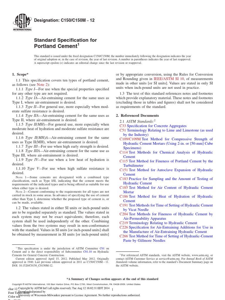ASTM C150 - 12 Portland Cement | PDF | Cement | Specification ...