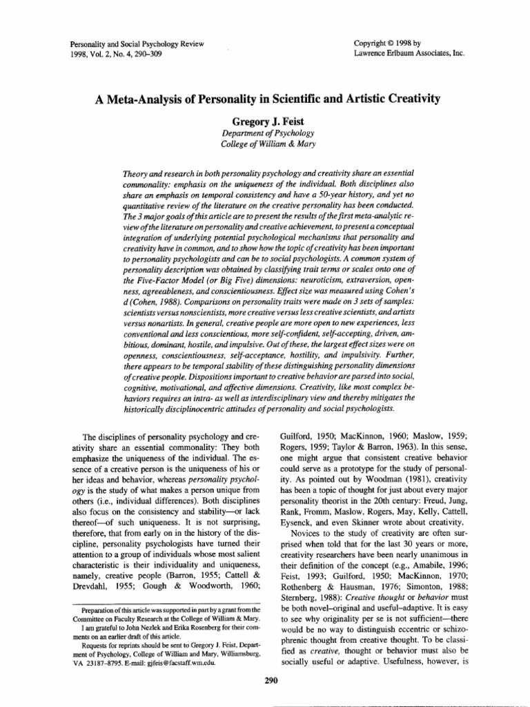 A Meta-Analysis of Personality in Scientific and Artistic Creativity | PDF | Personality ...