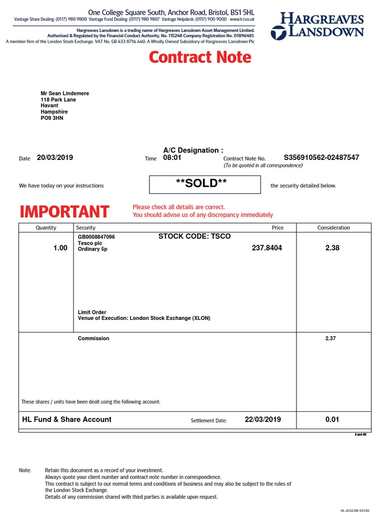 Contract Note for the Sale of 1 Share of Tesco plc by Mr Sean Lindemere ...