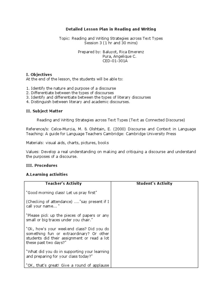 Lesson Plan in Reading and Writing | PDF | Writers | Lesson Plan