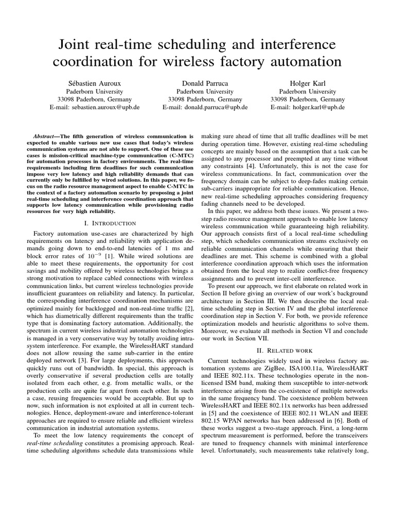 Joint Real-Time Scheduling and Interference Coordination For Wireless Factory Automation | PDF ...