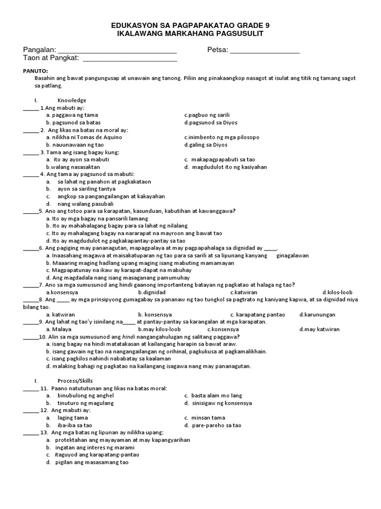 Edukasyon Sa Pagpapakatao Grade 9 | PDF
