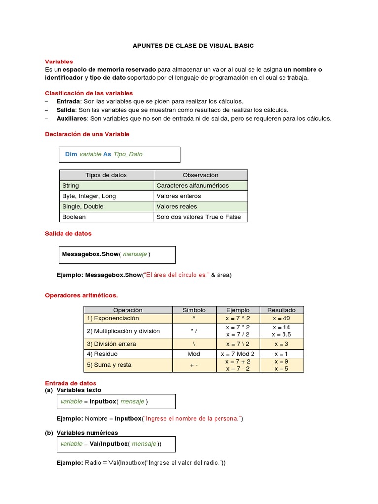 Apuntes de Visual Basic - Parte 1 | PDF | Variable (informática) | Básico