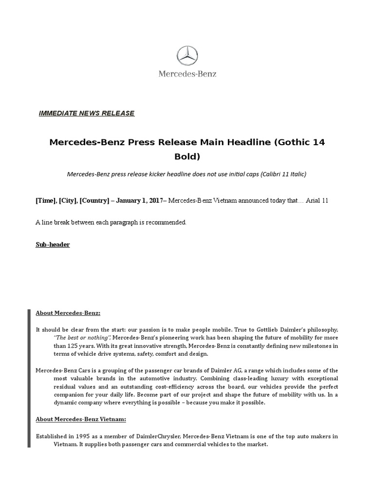 Mercedes-Benz Press Release Main Headline (Gothic 14 Bold) | PDF