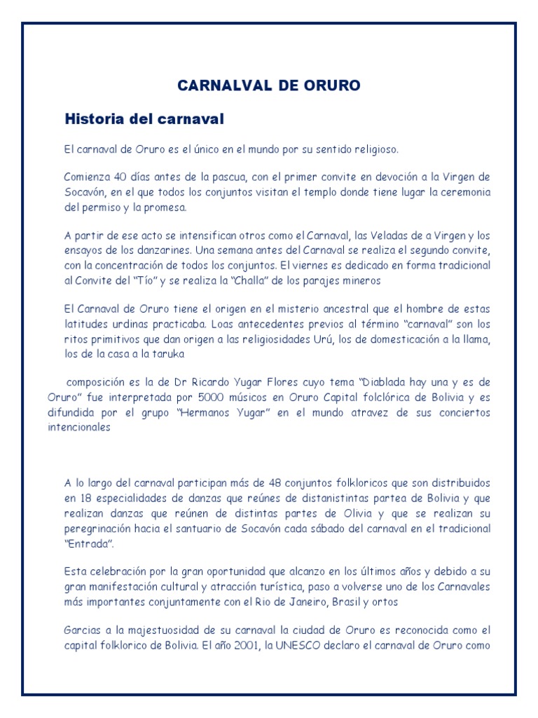 Carnalval de Oruro | PDF | Carnaval | Evento festivo (incluido el carnaval)