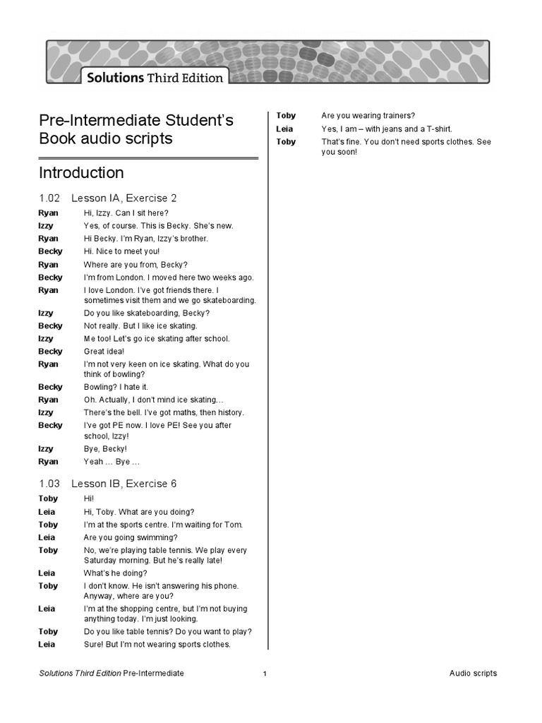 Solutions Pre-Intermediate. Audio Scripts For SB - 2017. 3rd | PDF | Sports | Nature