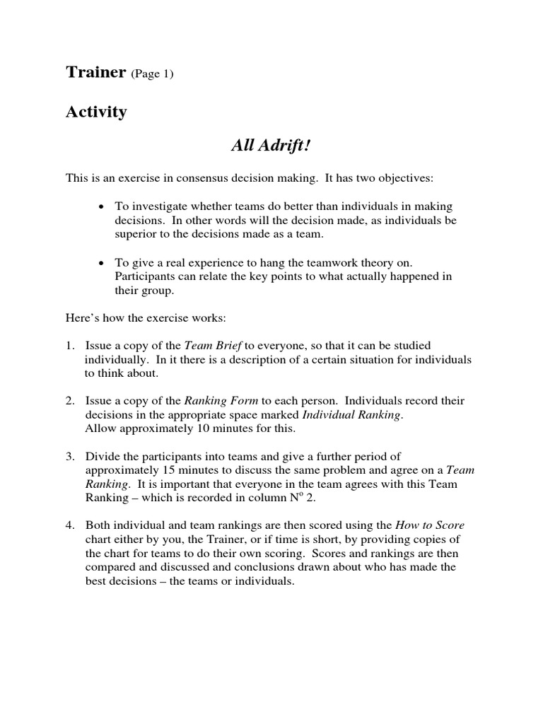 Trainer Activity: All Adrift! | PDF | Decision Making | Nature