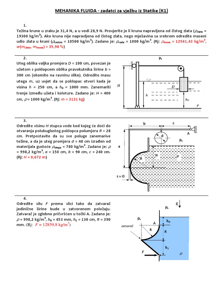 Zadaci Za Vjezbu Iz Statike Fluida | PDF