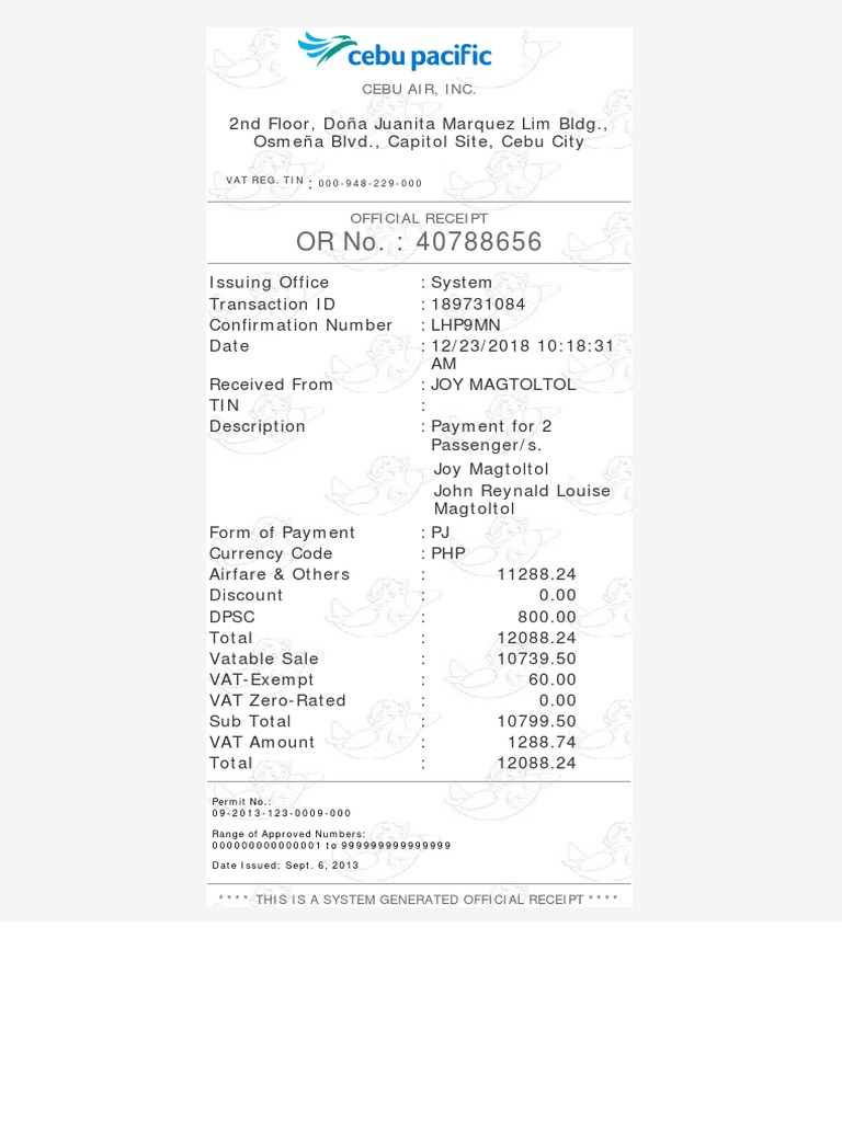 Cebu Pacific TIN and Payment Receipt | PDF