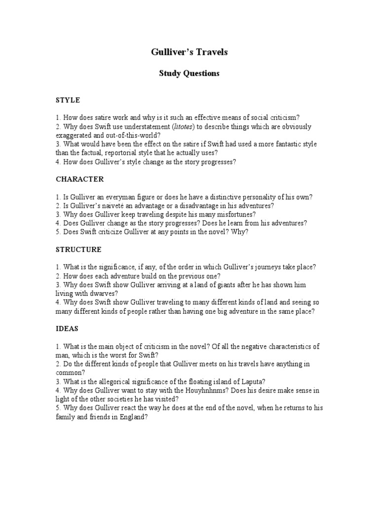 Gulliver's Travels (Study Questions) | PDF
