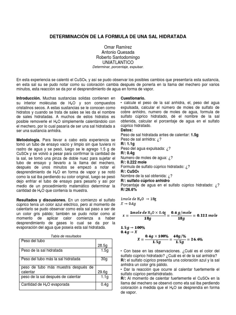 Determinación de La Formula de Una Sal Hidratada | sal | Agua
