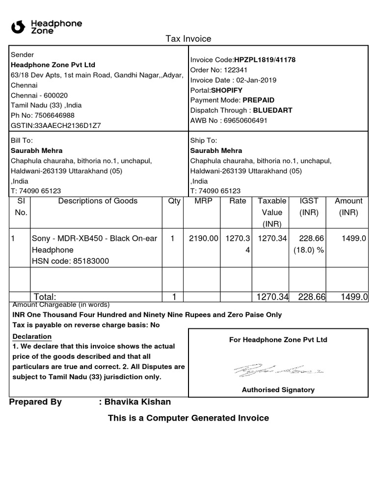 Tax Invoice: SI No. Descriptions of Goods Qty MRP Rate Taxable Value ...