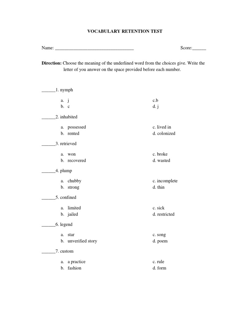 Grade 7 Vocabulary Pretest | PDF
