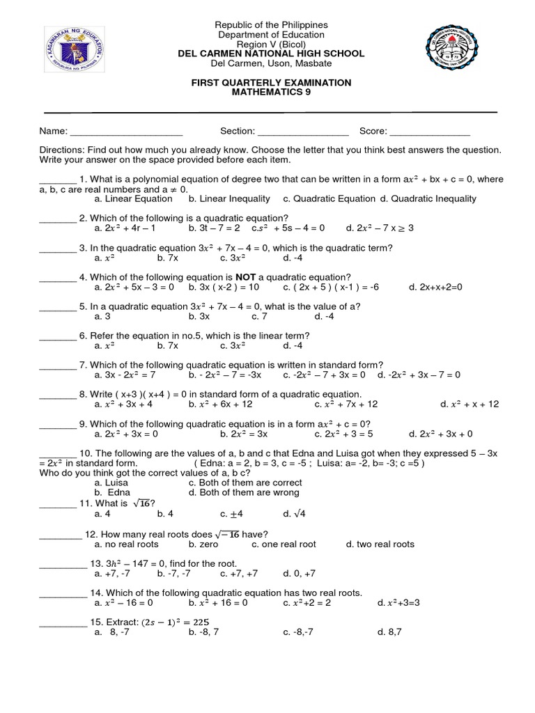 1st Quarter Examination Grade 9 | PDF | Quadratic Equation | Equations