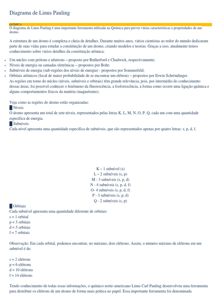 Diagrama De Linus Pauling Pdf Configuração Eletrônica Elétron