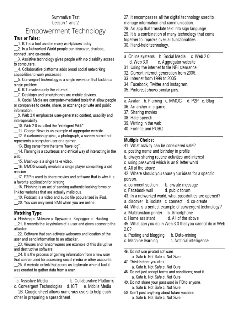 Summative Test Emtech Lesson 1&2 | PDF | Web 2.0 | Malware
