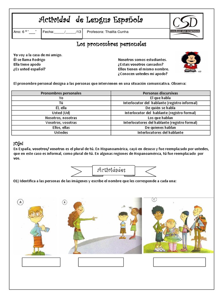 Actividades sobre pronombres personales | PDF | Lengua española ...