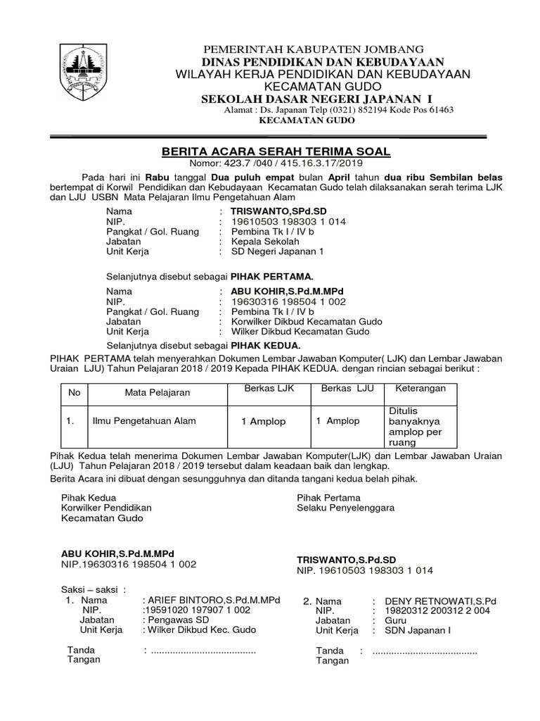 Berita Acara Serah Terima LJK Dan LJU Tryout | PDF
