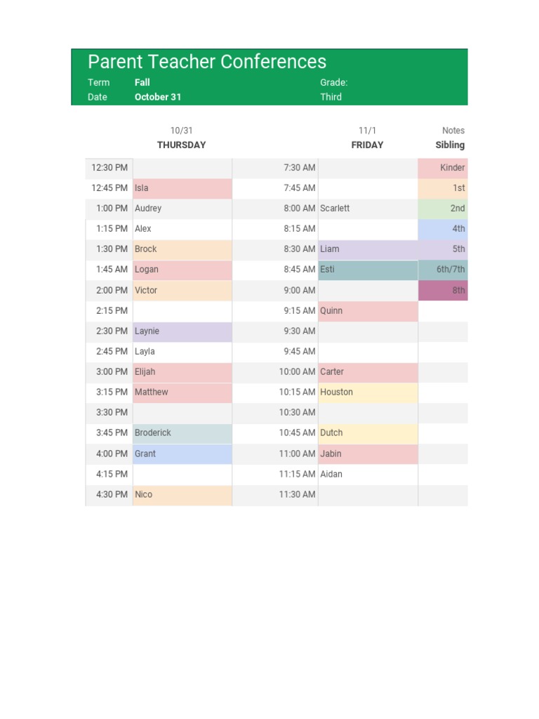 Parent Teacher Conferences 2019 Color Coded - Template | PDF