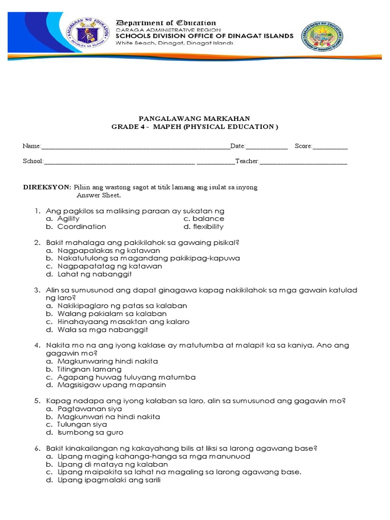 GRADE 4 MAPEH - P.E Test Questions 2nd Grading | PDF
