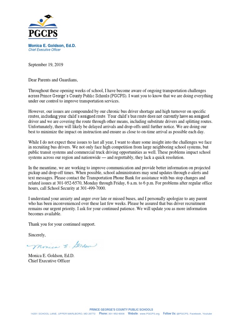 Transportation Letter - PGCPS | PDF