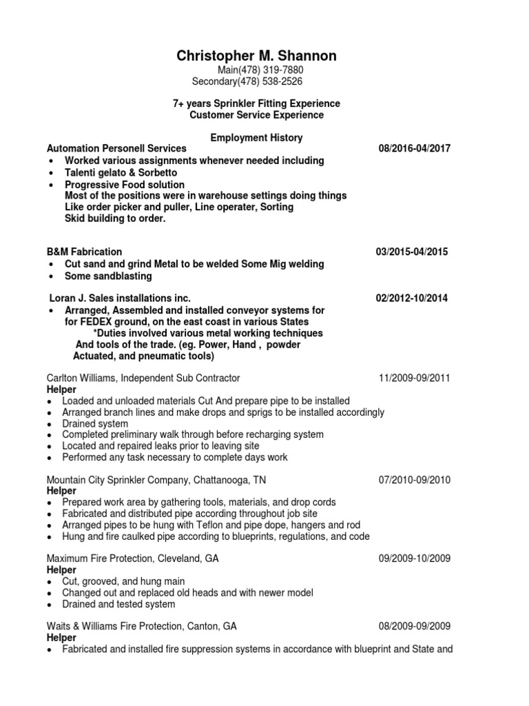Sprinkler Fitting and Metal Work Resume | PDF | Pipe (Fluid Conveyance) | Building Materials