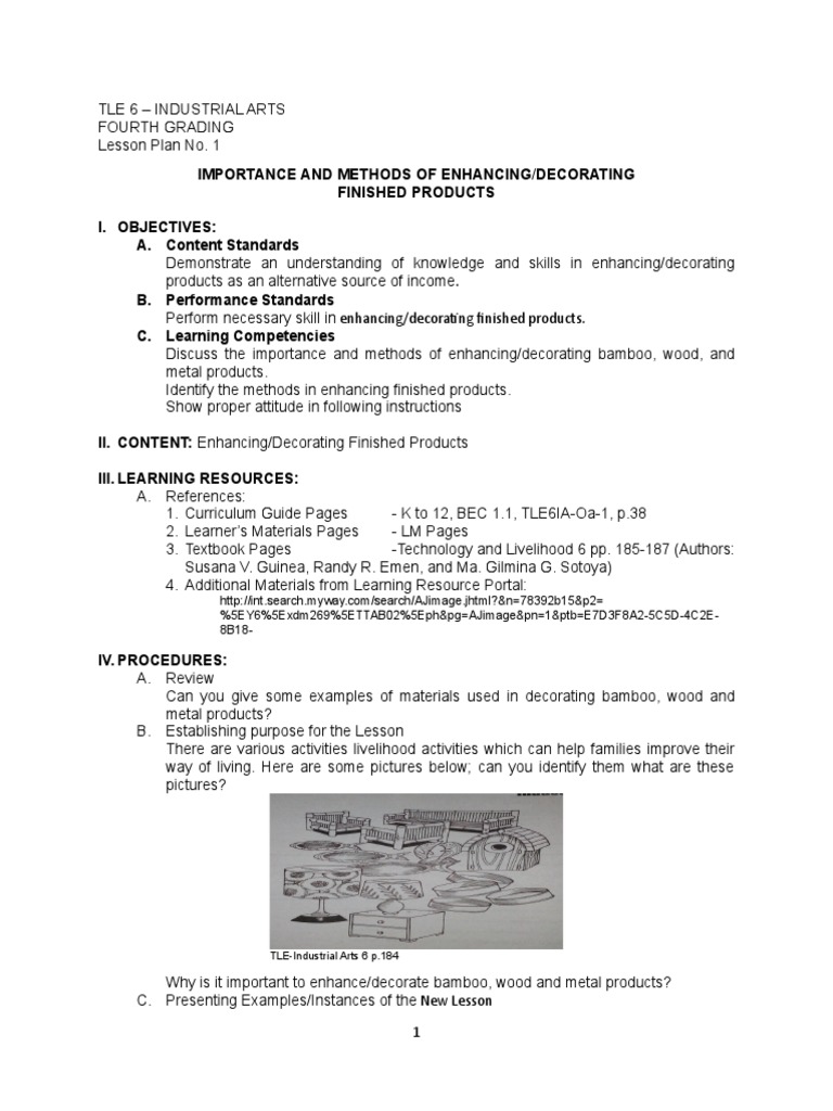 Tle Vi K 12 Lesson Plan Industrial Arts All Ia Lps Compiled 2017 176 1 