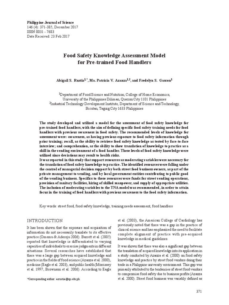 Food Safety Knowledge Assessment Model For Pretrained Food Handlers ...
