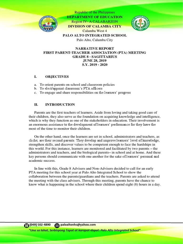 Narrative Report On First PTA 2019 2020 | PDF | Classroom | Public Sphere