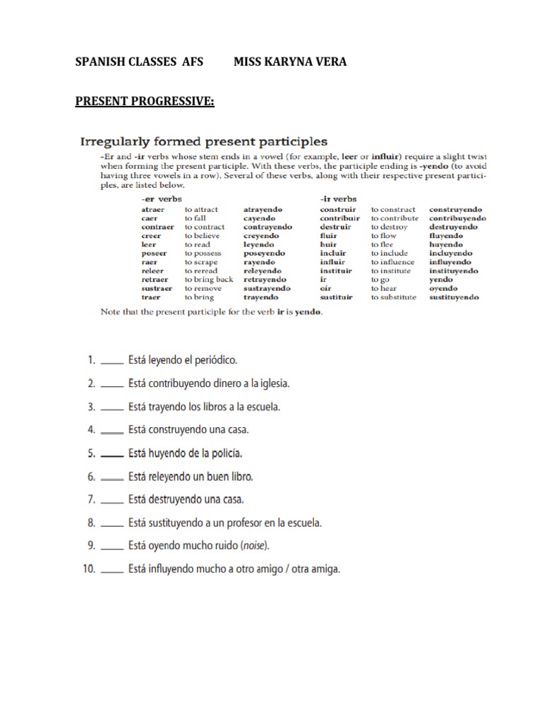 Spanish Classes Afs Miss Karyna Vera Present Progressive | PDF