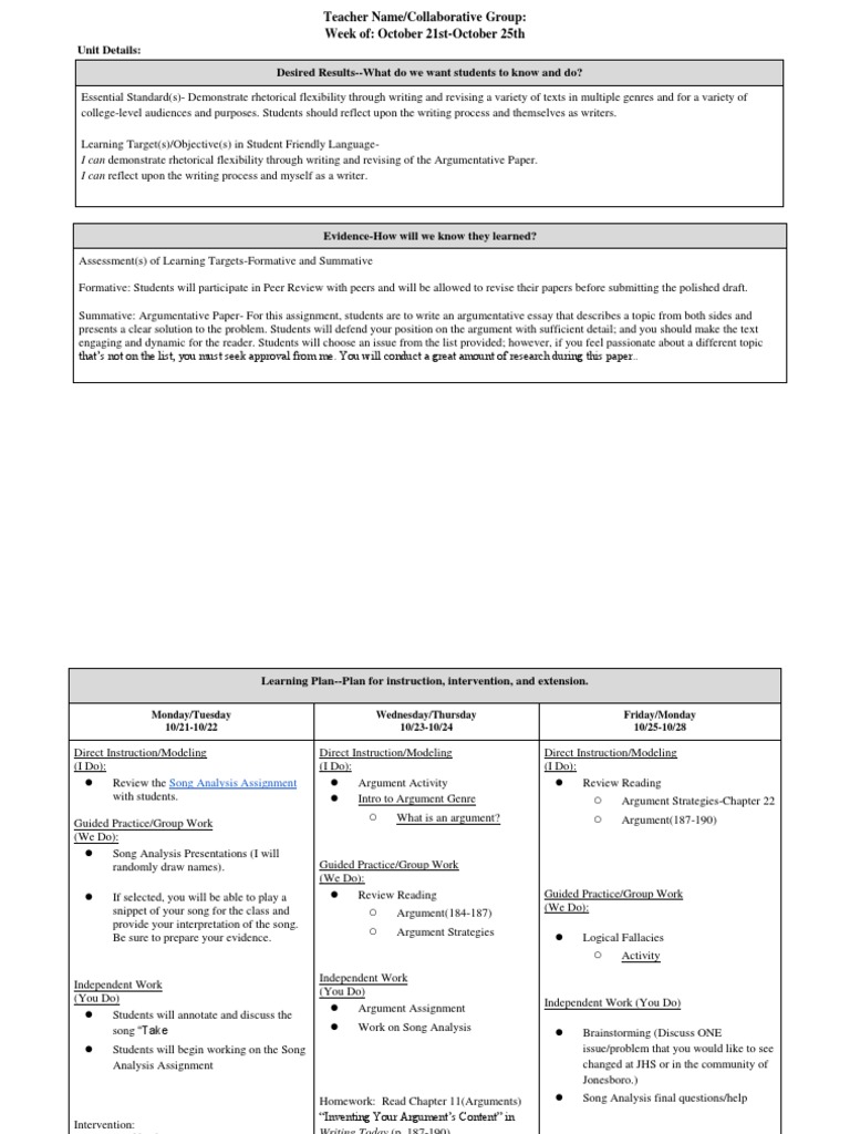 10 21-10 25 Composition I Lesson Plan Secondary Template | PDF ...