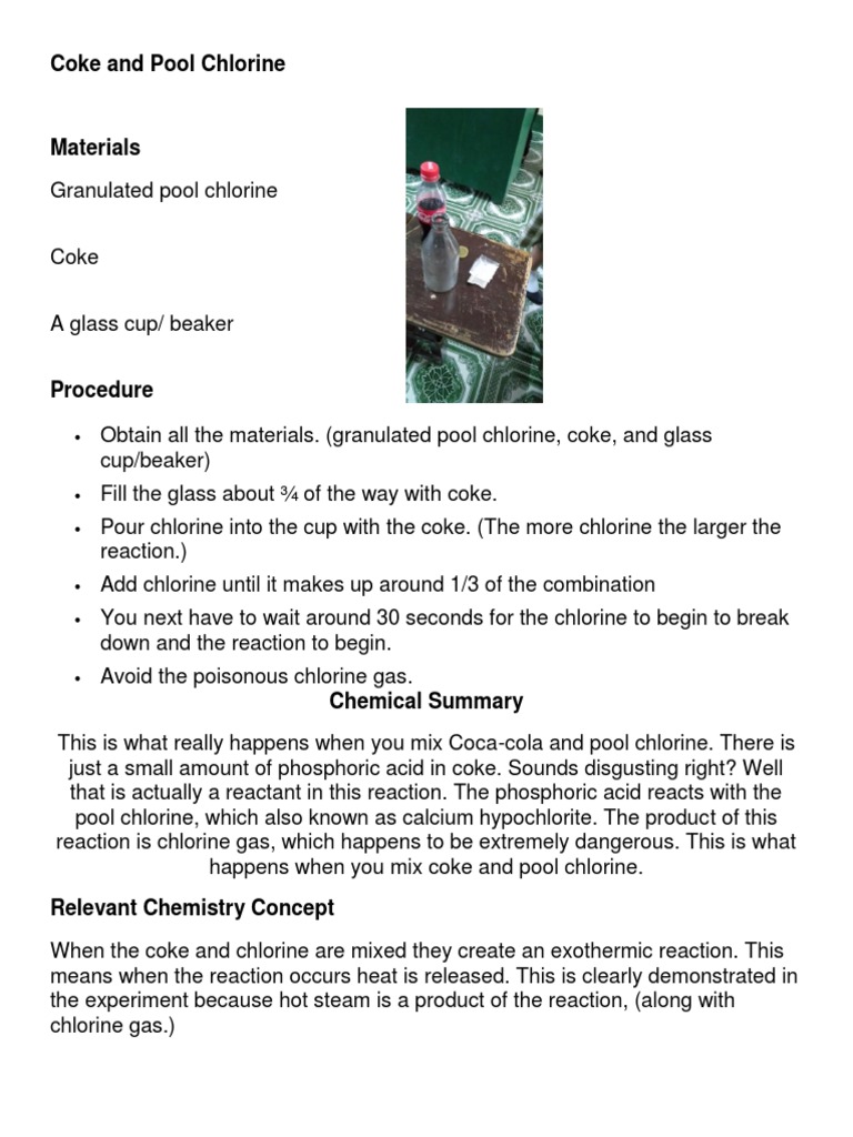 Coke and Pool Chlorine Reaction Explained | PDF | Home & Garden ...