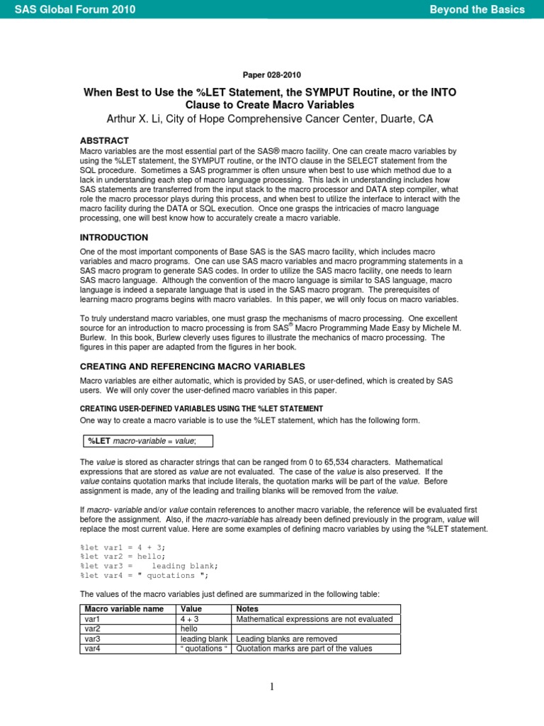 When Best To Use The %LET Statement, The SYMPUT Routine, or The INTO ...