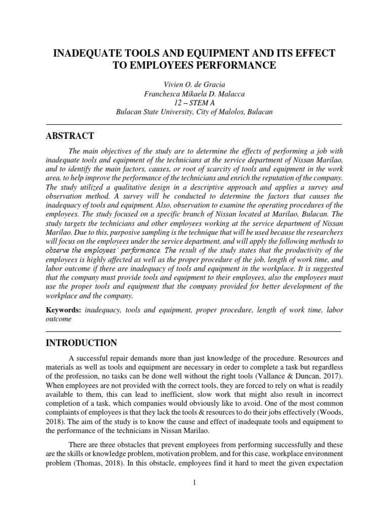 INADEQUATE TOOLS AND EQUIPMENT AND ITS EFFECT TO EMPLOYEES PERFORMANCE ...