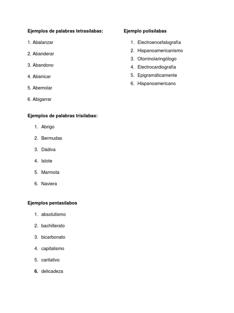 10 Ejemplos de Palabras Tetrasílabas | PDF | Deportes